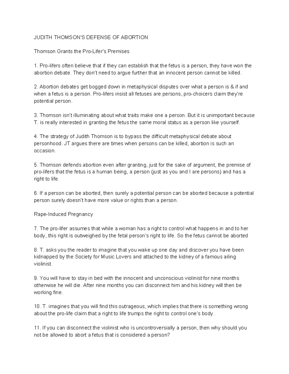 Lecture outline- Judith Thomson’S Defense OF Abortion - JUDITH THOMSON ...