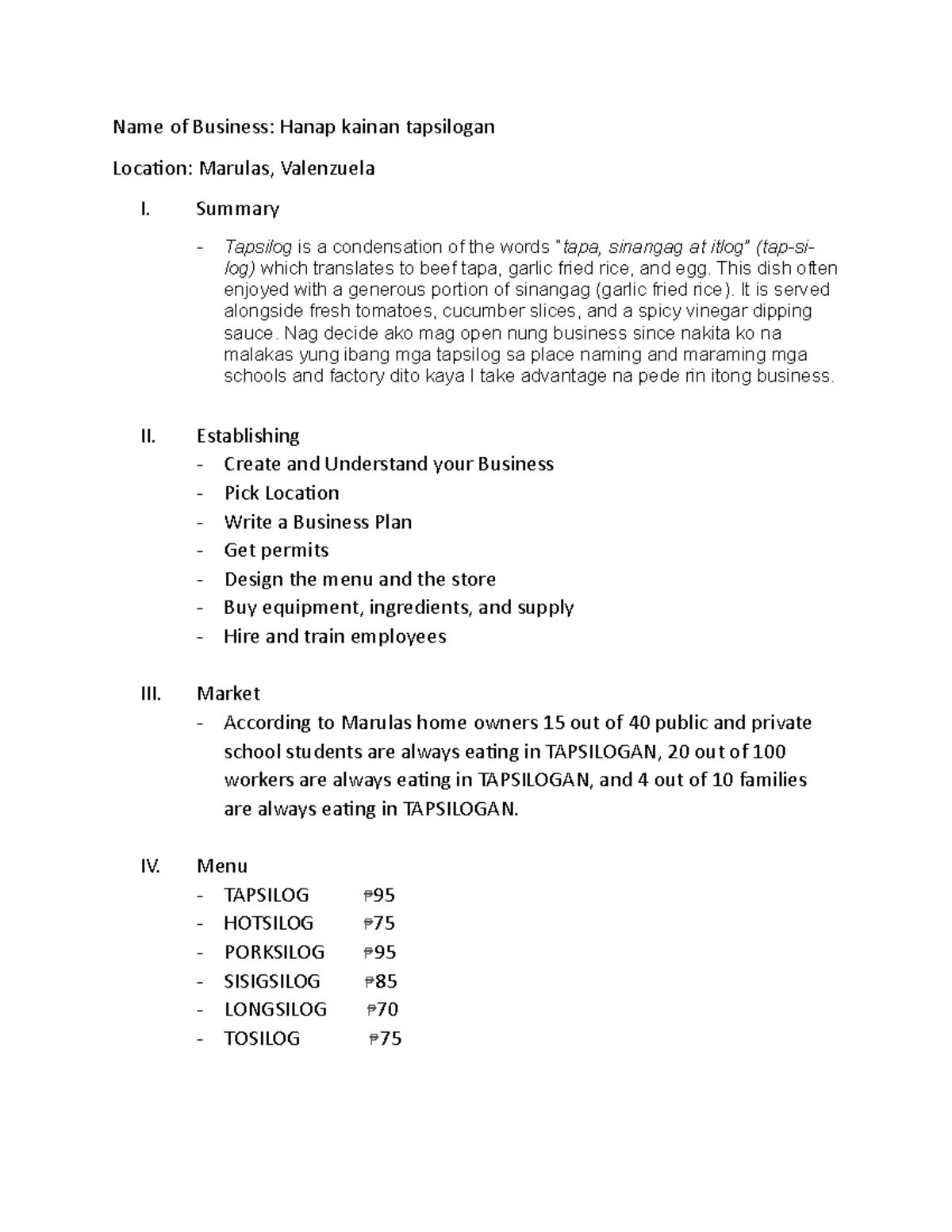 Business Proposal - shess - Name of Business: Hanap kainan tapsilogan ...