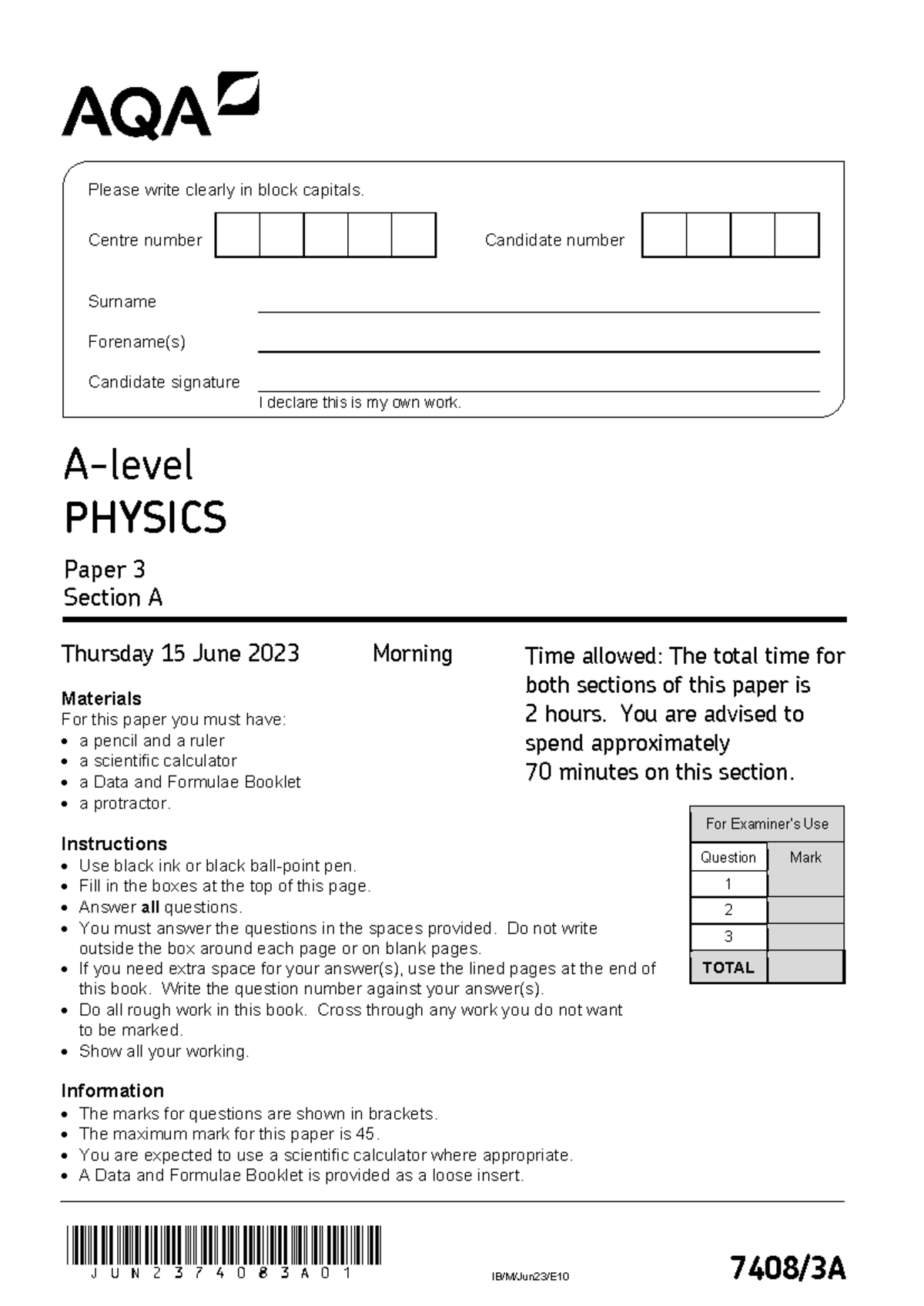 AQA A-Level Physics June 2023 Paper 3A - JUN2374083A01 IB/M/Jun23/E10 ...
