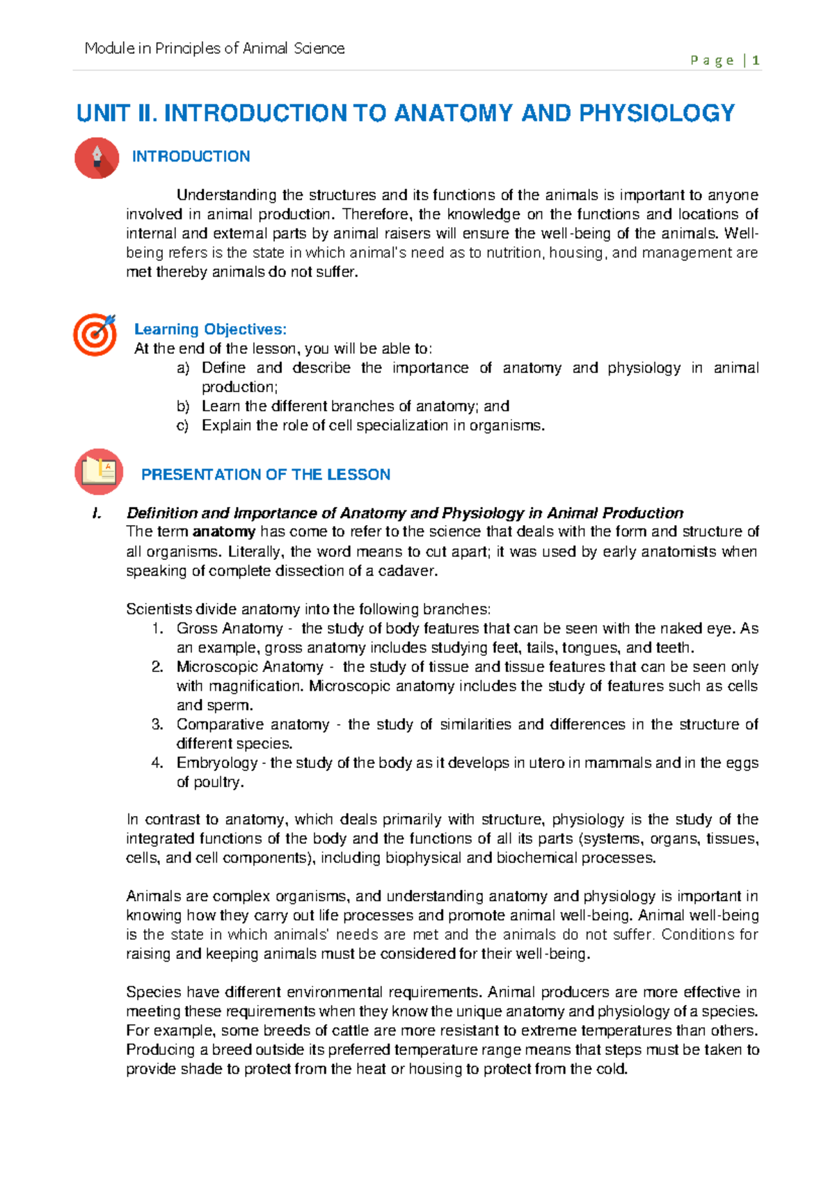 Unit2 Lesson 1 Introduction to Anatomy and Physiology - P a g e | 1 ...