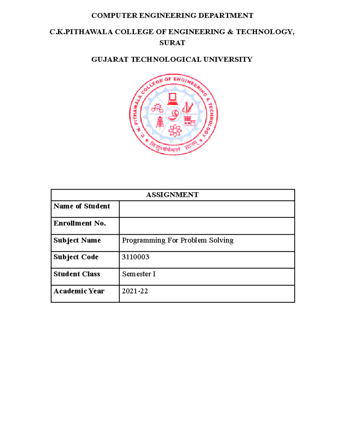 PPS-Theory Assignment - COMPUTER ENGINEERING DEPARTMENT C.K COLLEGE OF ...