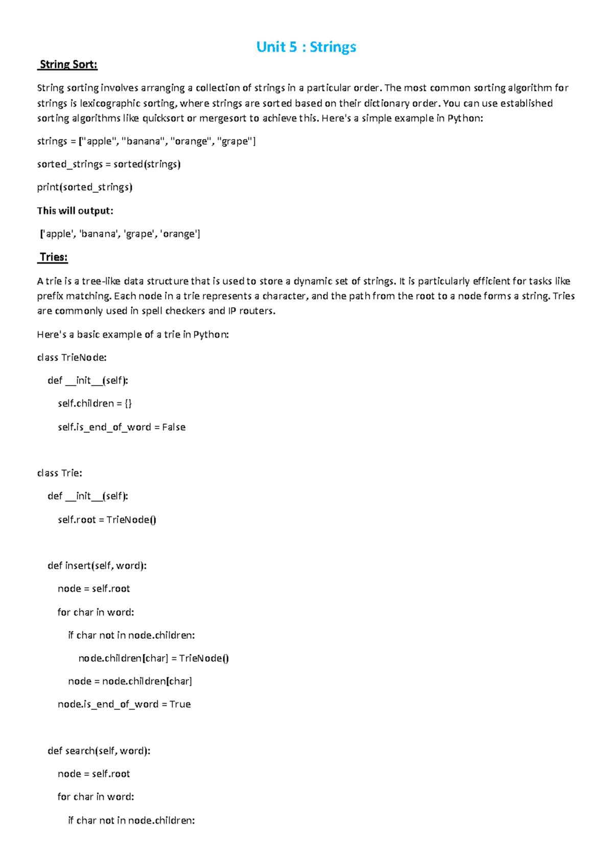 Unit 5 Strings - algoritham - String Sort: String sorting involves arranging a collection of ...