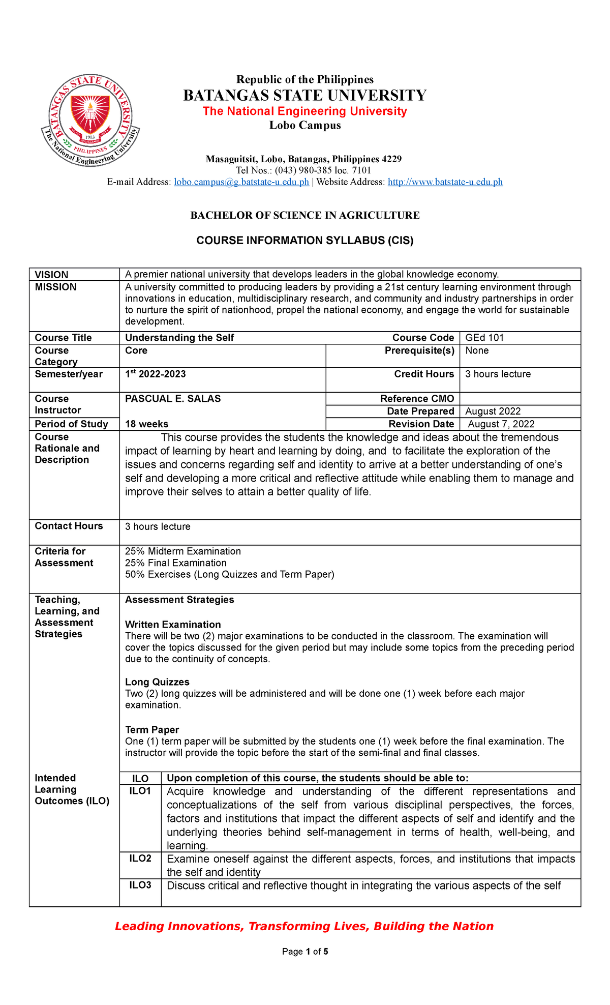 Syllabus GEd-101 UTS - BS Agriculture and Forestry - Republic of the Philippines BATANGAS STATE ...