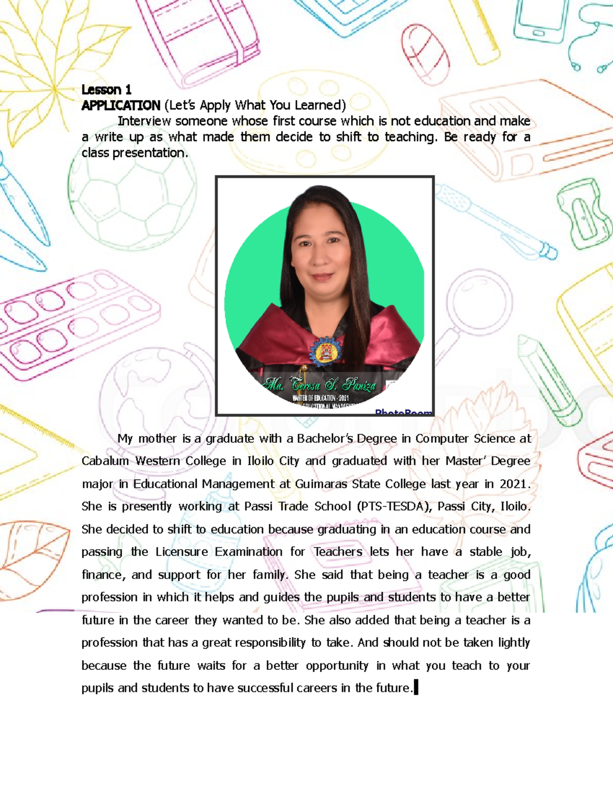 ED 3B Lesson 1 - techer - Lesson 1 APPLICATION (Let’s Apply What You ...