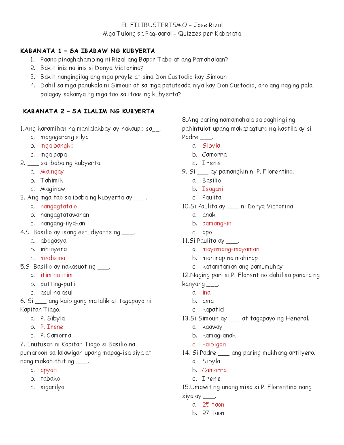 Filipino Answer Key - EL FILIBUSTERISMO – Jose Rizal Mga Tulong sa Pag ...