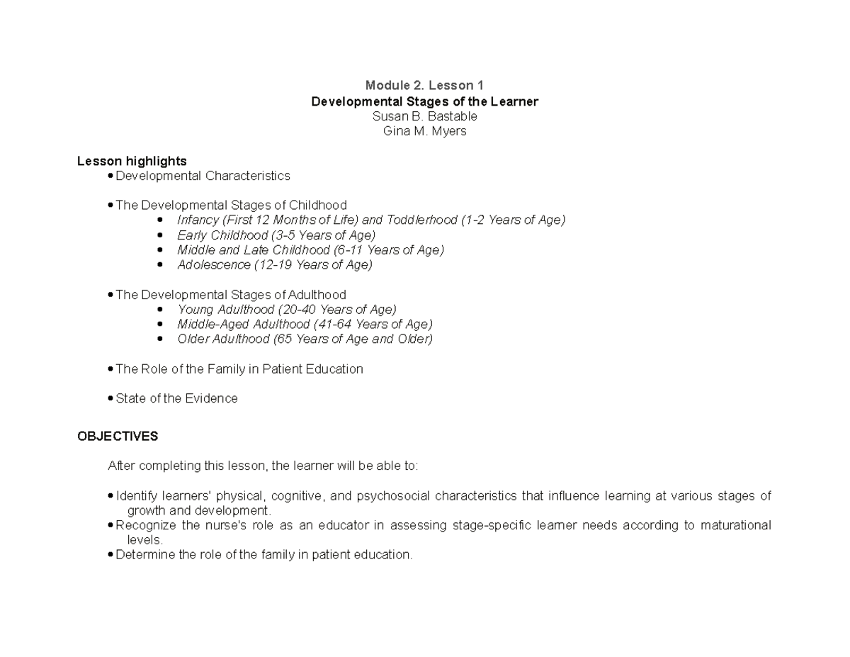 Module 2. Lesson 1 - A reference material on developmental stages ...