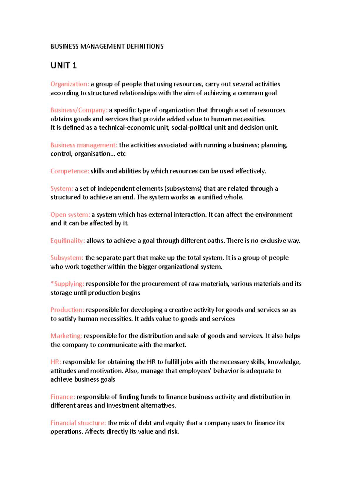 Business Management Definitions - BUSINESS MANAGEMENT DEFINITIONS UNIT ...