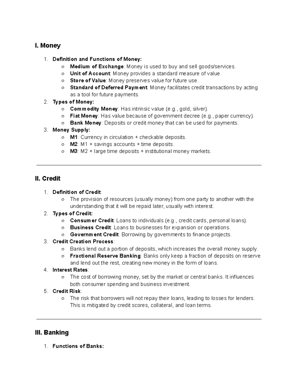 Money Credit and Banking Reviewer - I. Money Definition and Functions ...