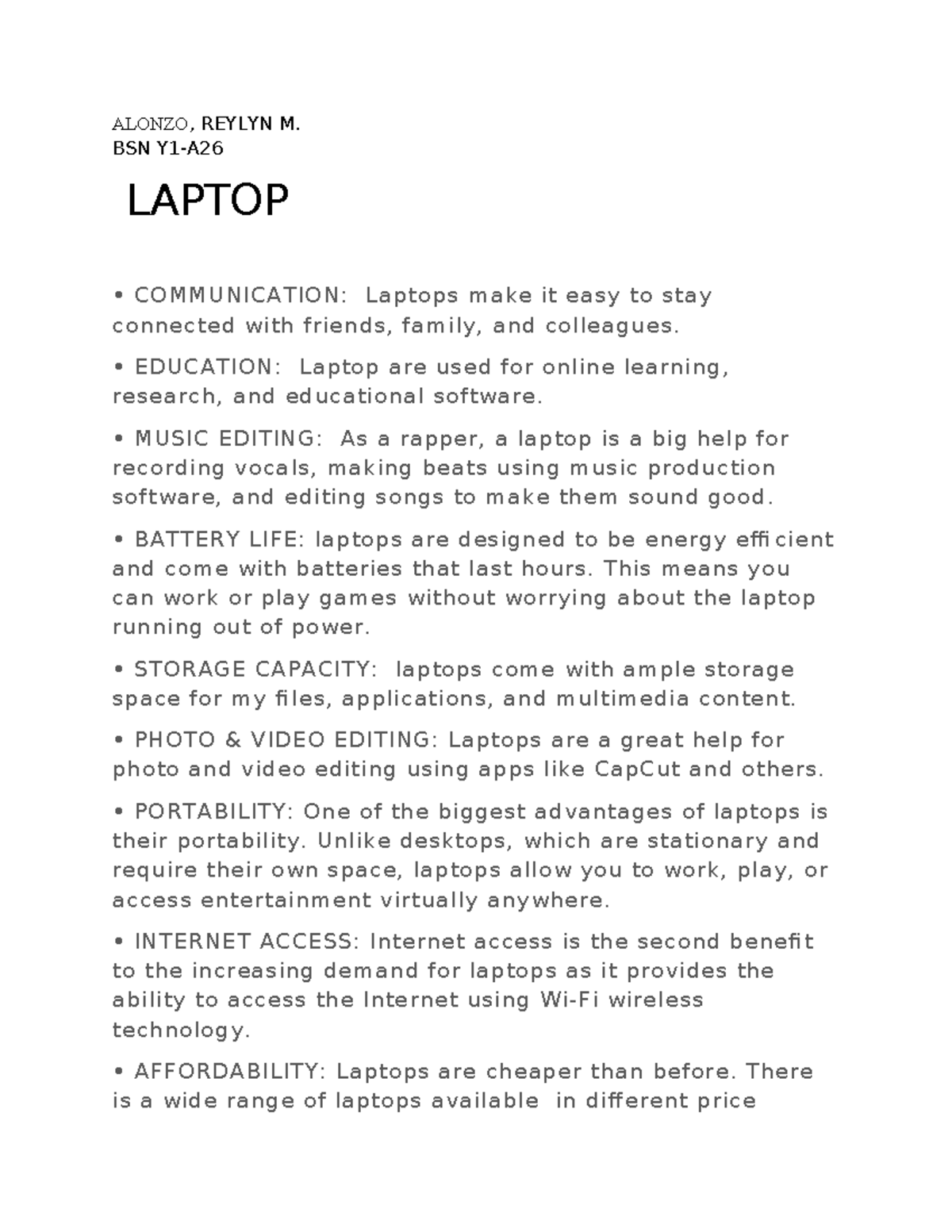 Alonzo, Reylyn - le ture - ALONZO, REYLYN M. BSN Y1-A LAPTOP • COMMUNICATION: Laptops make it ...