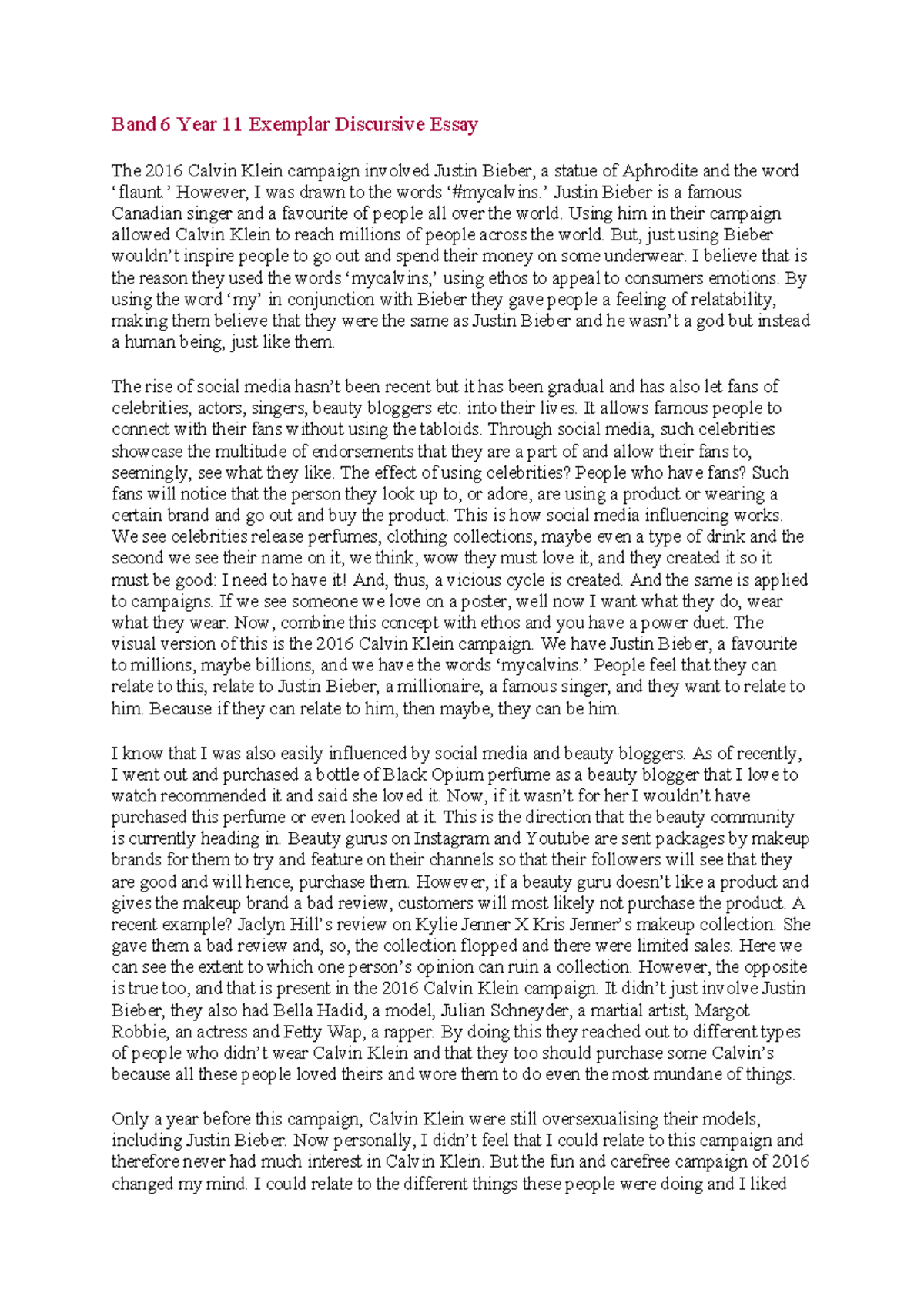 Example Discursive - Band 6 Year 11 Exemplar Discursive Essay The 2016 ...