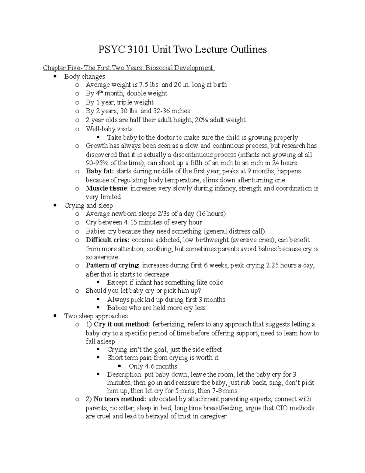 Developmental Unit Two - PSYC 3101 Unit Two Lecture Outlines Chapter ...