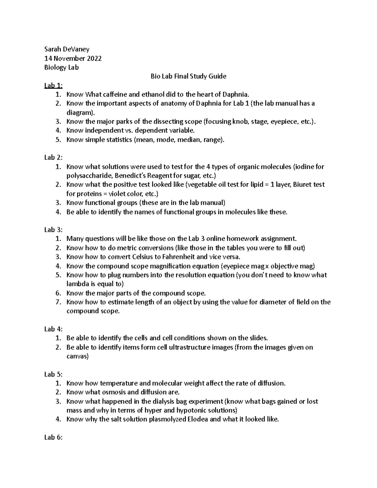 Bio lab Final Study Guide - Sarah DeVaney 14 November 2022 Biology Lab ...