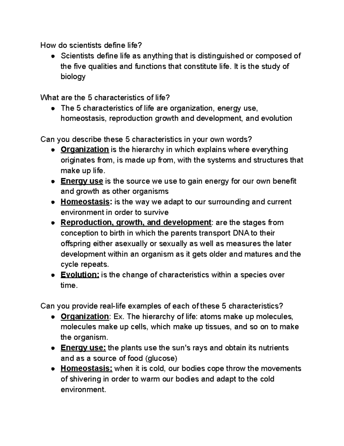 BIOL Exam 1 Chapter 1 Study Guide - How do scientists define life ...