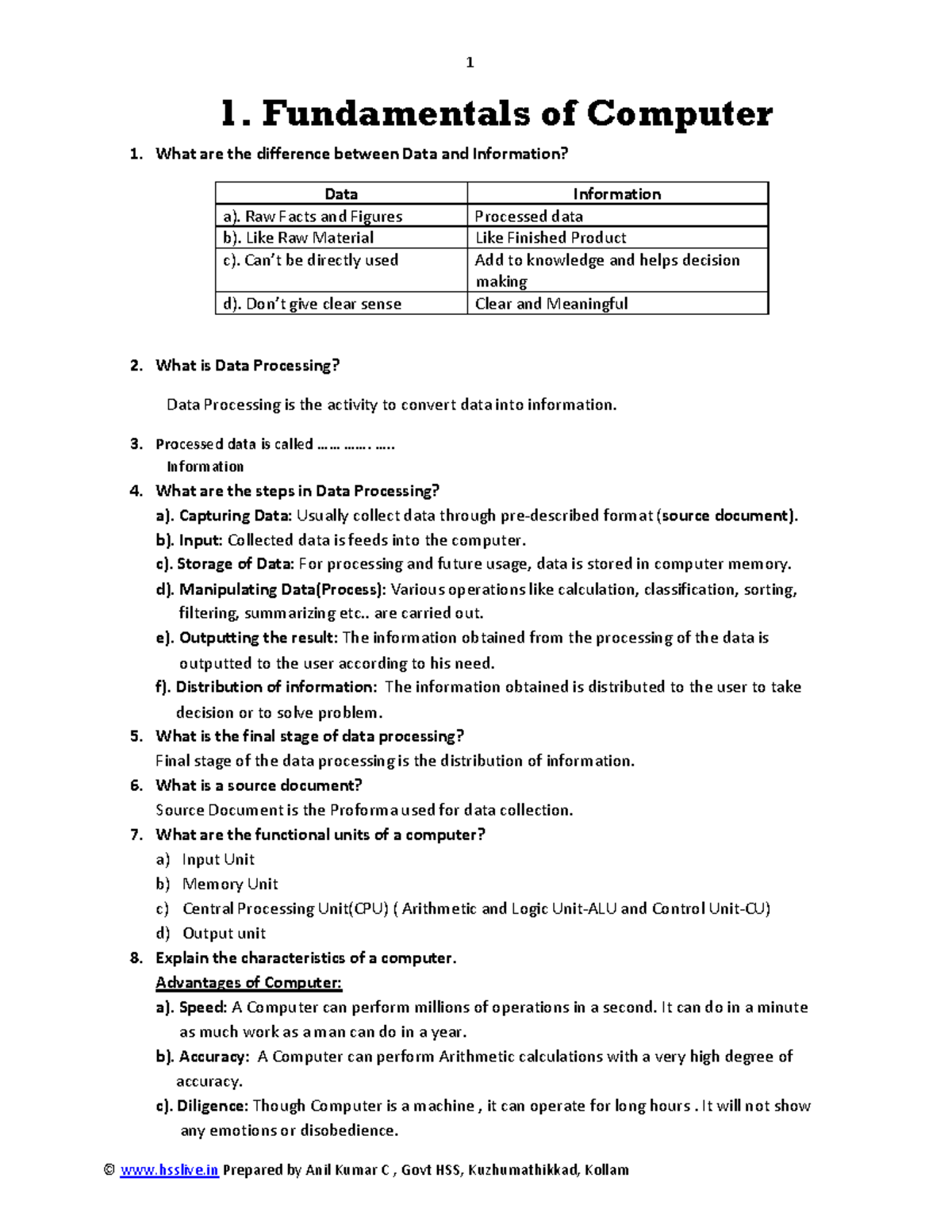 XI-Fundamentals of Computer - 1. Fundamentals of Computer 1. What are ...
