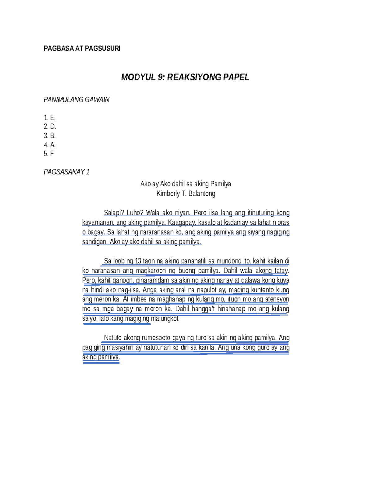 Modyul 9 Pagbasa - PAGBASA AT PAGSUSURI MODYUL 9: REAKSIYONG PAPEL ...