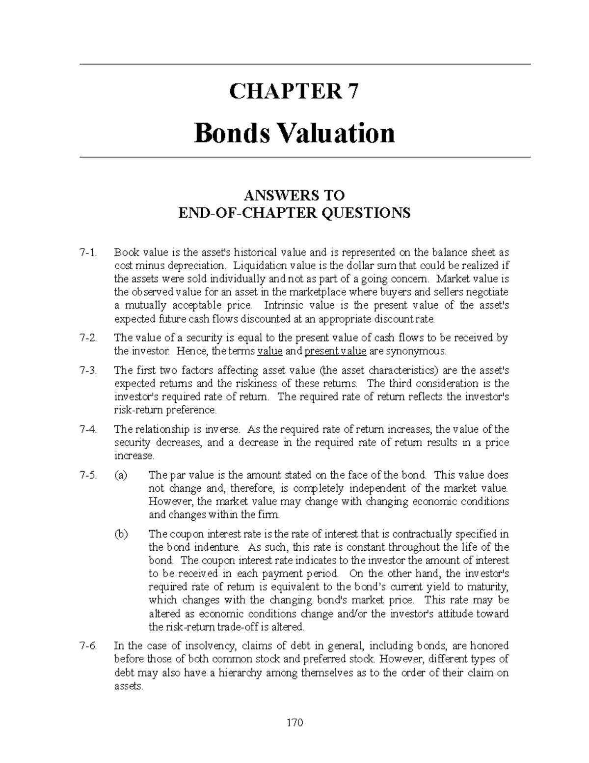 Exam 6 March, questions and answers - CHAPTER 7 Bonds Valuation ANSWERS ...
