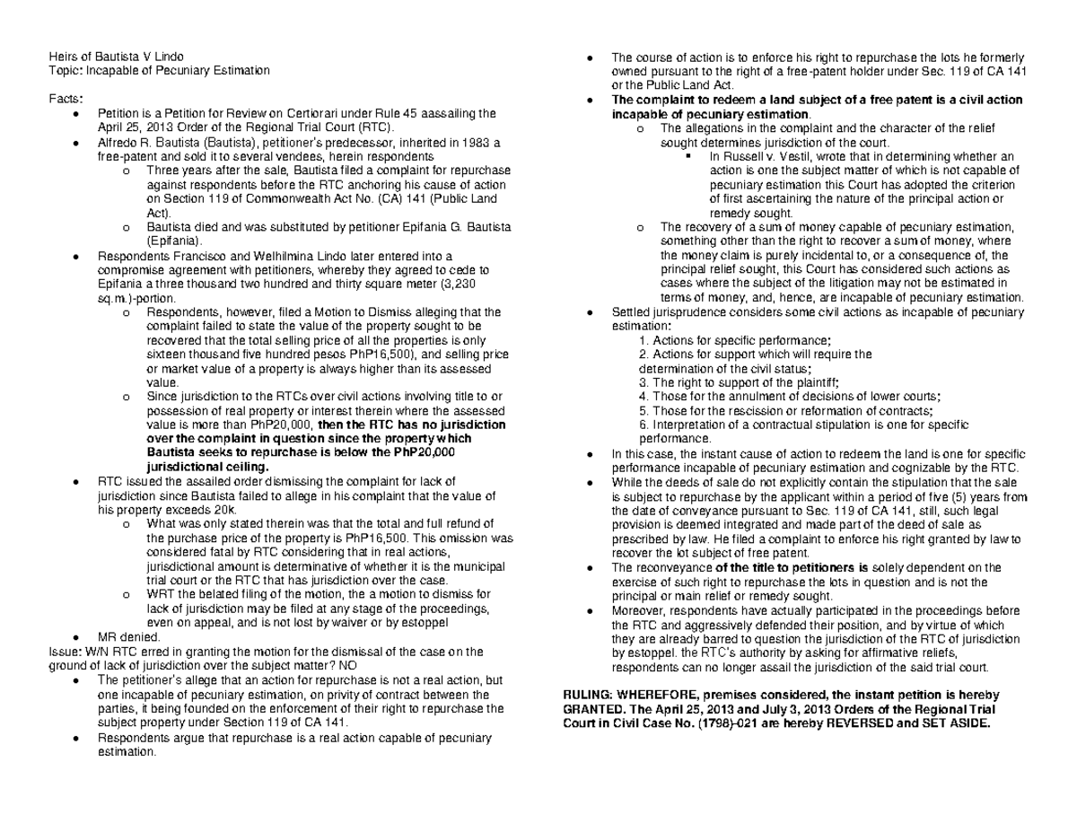 Pdfcoffee.com heirs-of-bautista-v-lindo-digest-pdf-free - Heirs of Bautista V Lindo Topic ...