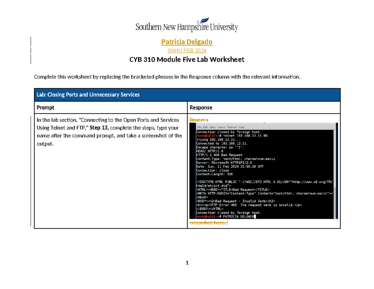 CYB310 M5 Patricia Delgado - Patricia Delgado SNHU FEB 2024 CYB 310 Module Five Lab Worksheet ...