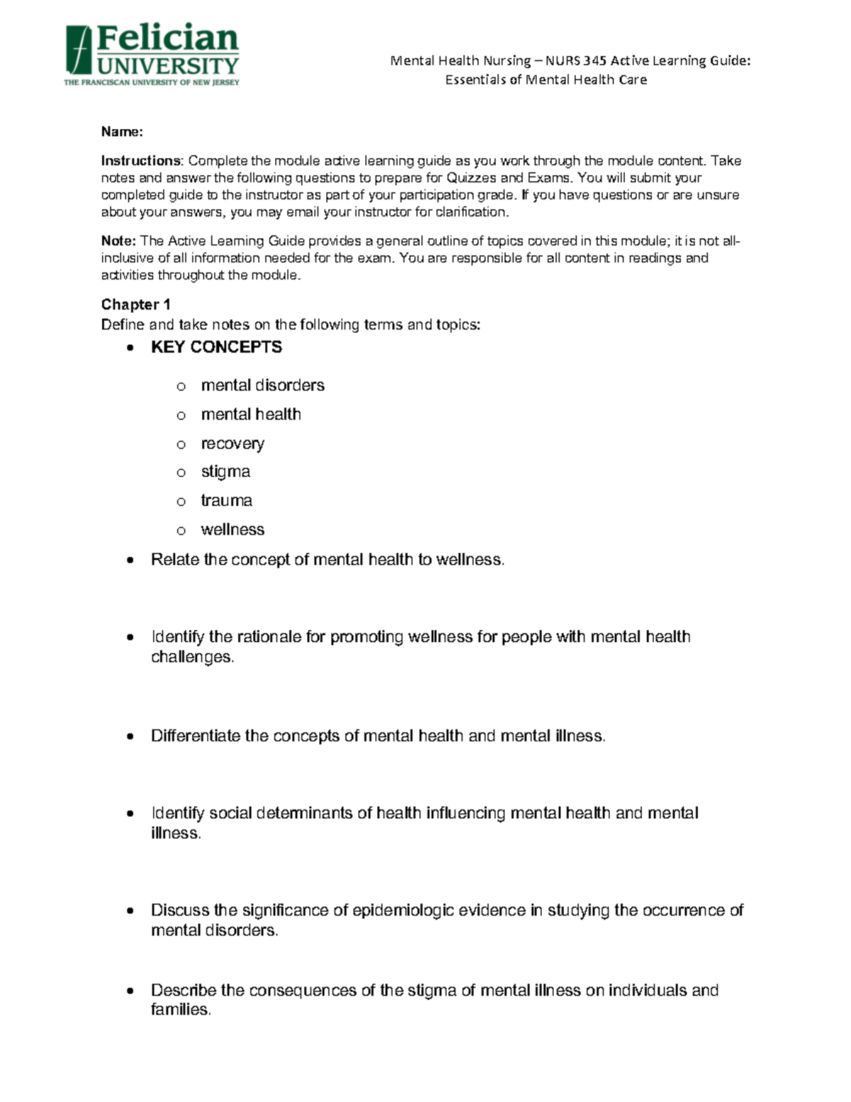 Active Learning Guide - Module 1 Essentials of Mental Health Care ...