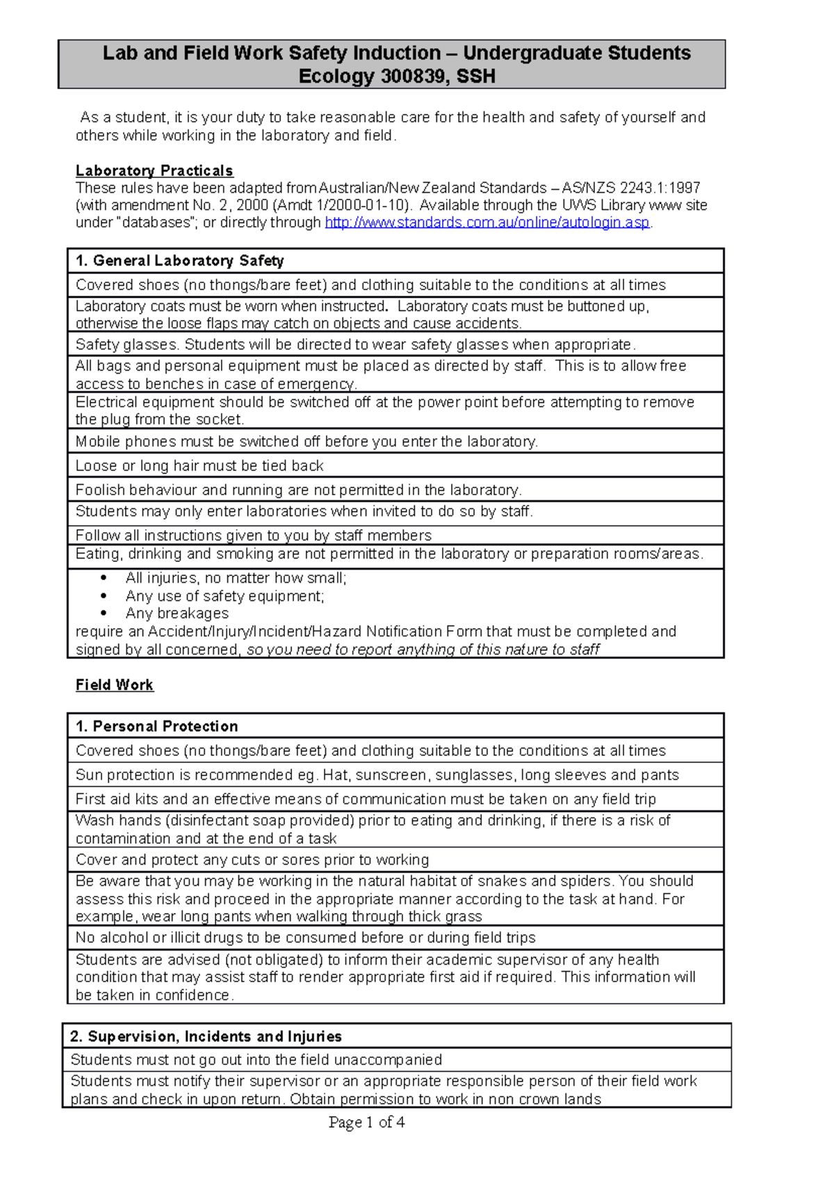 Ecology Lab and Field Work Safety Induction - Lab and Field Work Safety ...