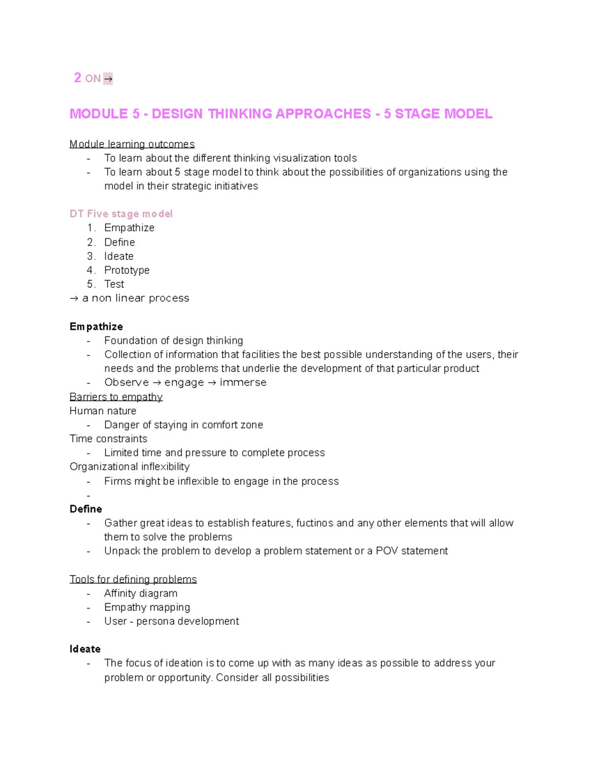 Week 5 - detailed notes for design thinking for creativity - 2 ON → ...