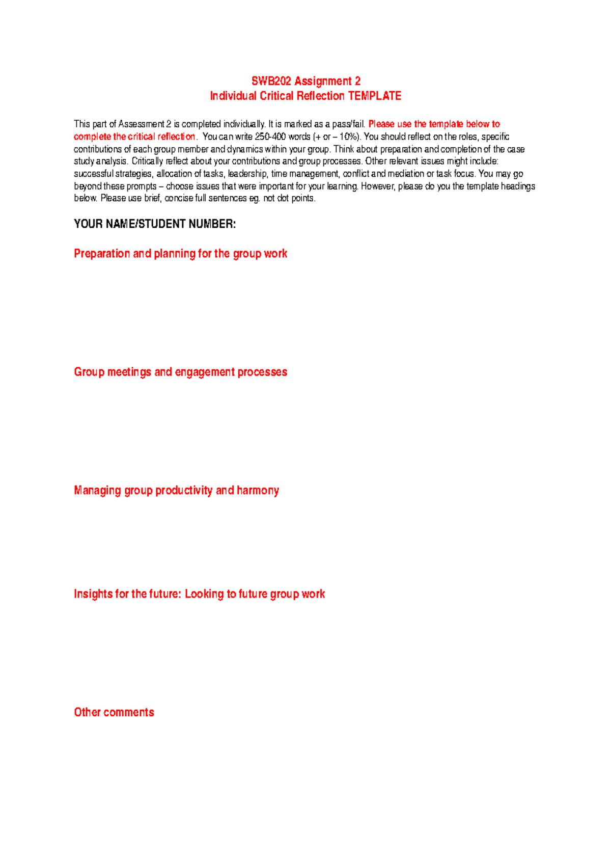 Individual Critical Reflection SWB202 Template 2021 - SWB202 - QUT ...