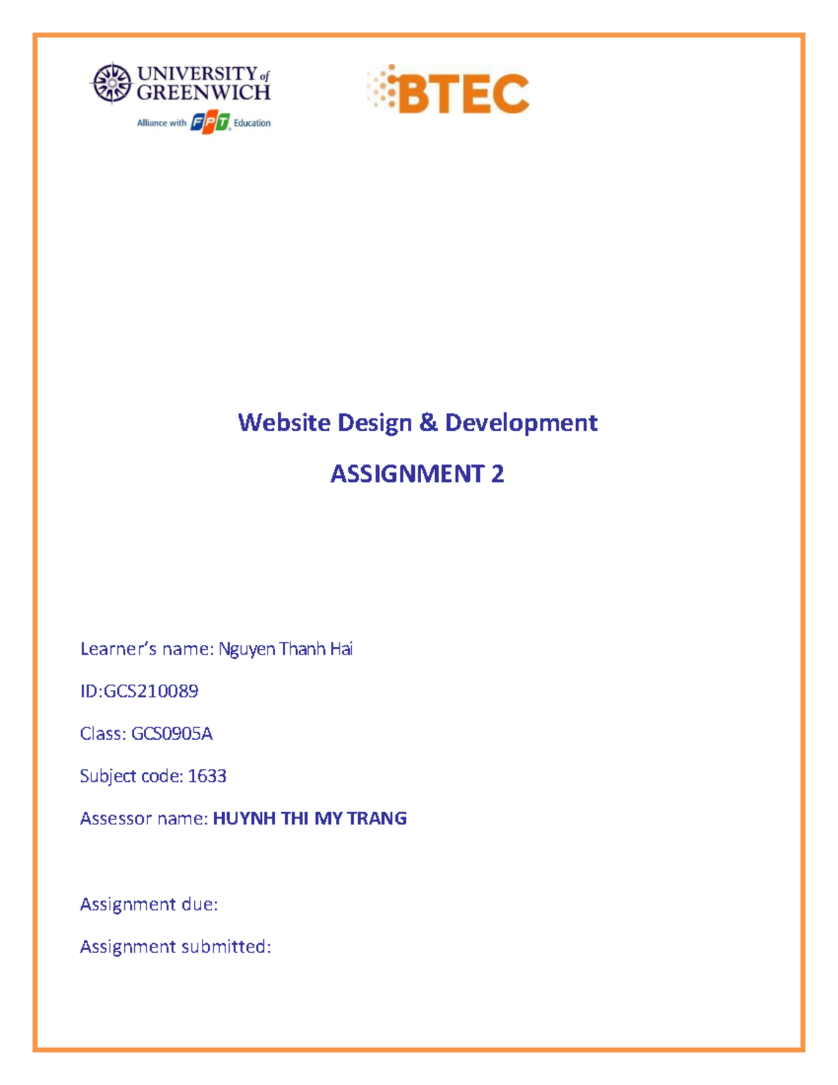 Nguyen Thanh Hai GCS210089 assignment 2 - Website Design & Development ...