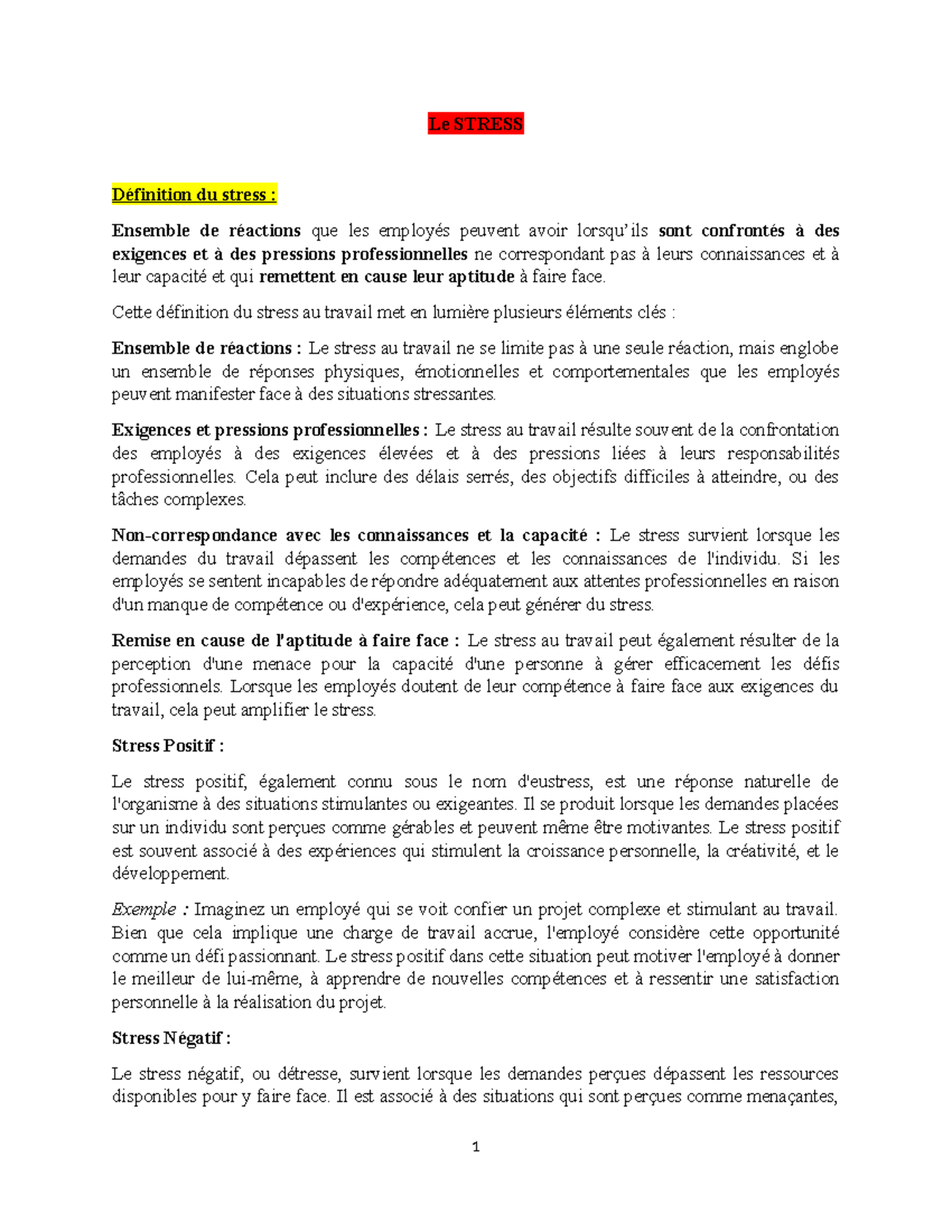 Gestion de projet final à imprimer - Le STRESS Définition du stress ...