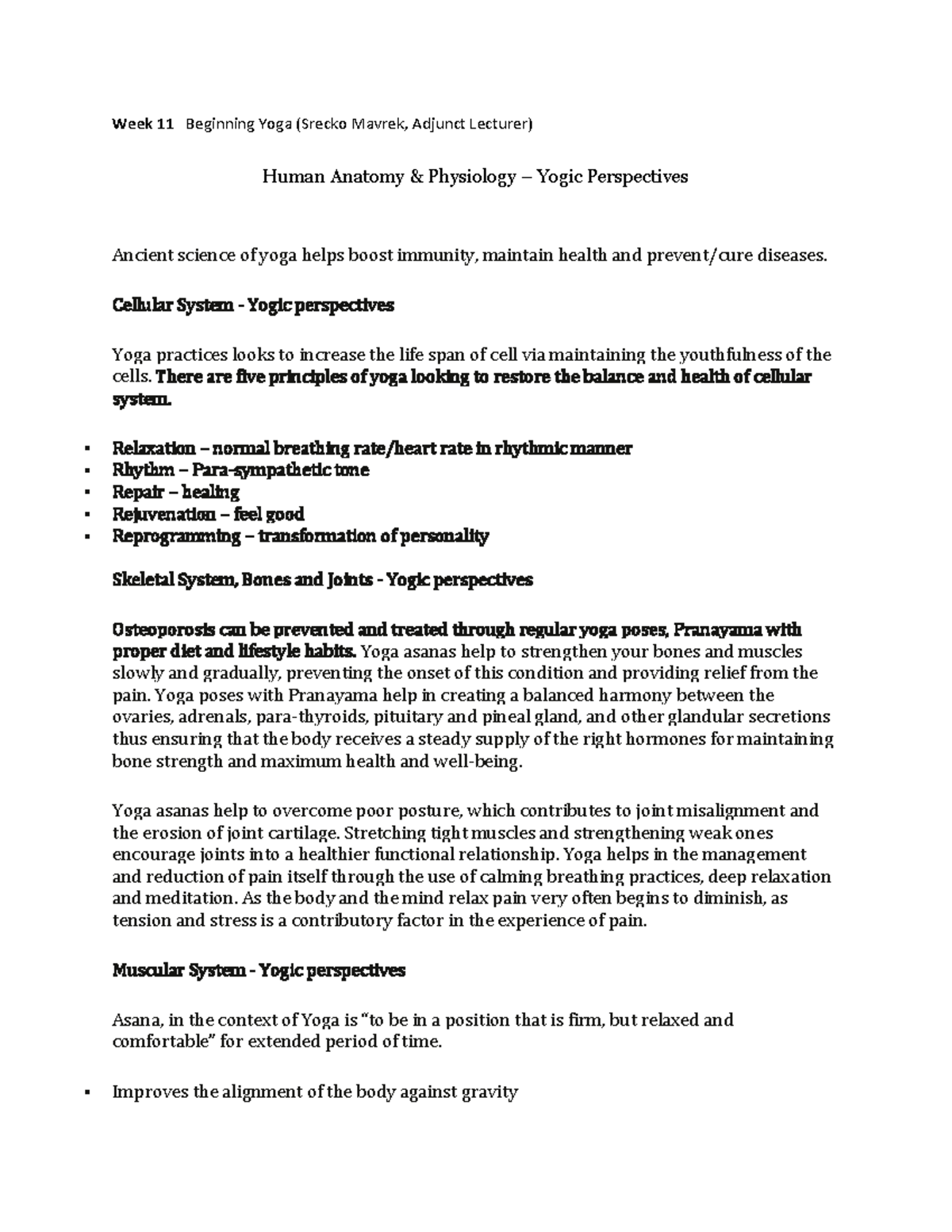 Week 11 - Basic Anatomy and Physiology Benefits of Yoga - Week 11 ...