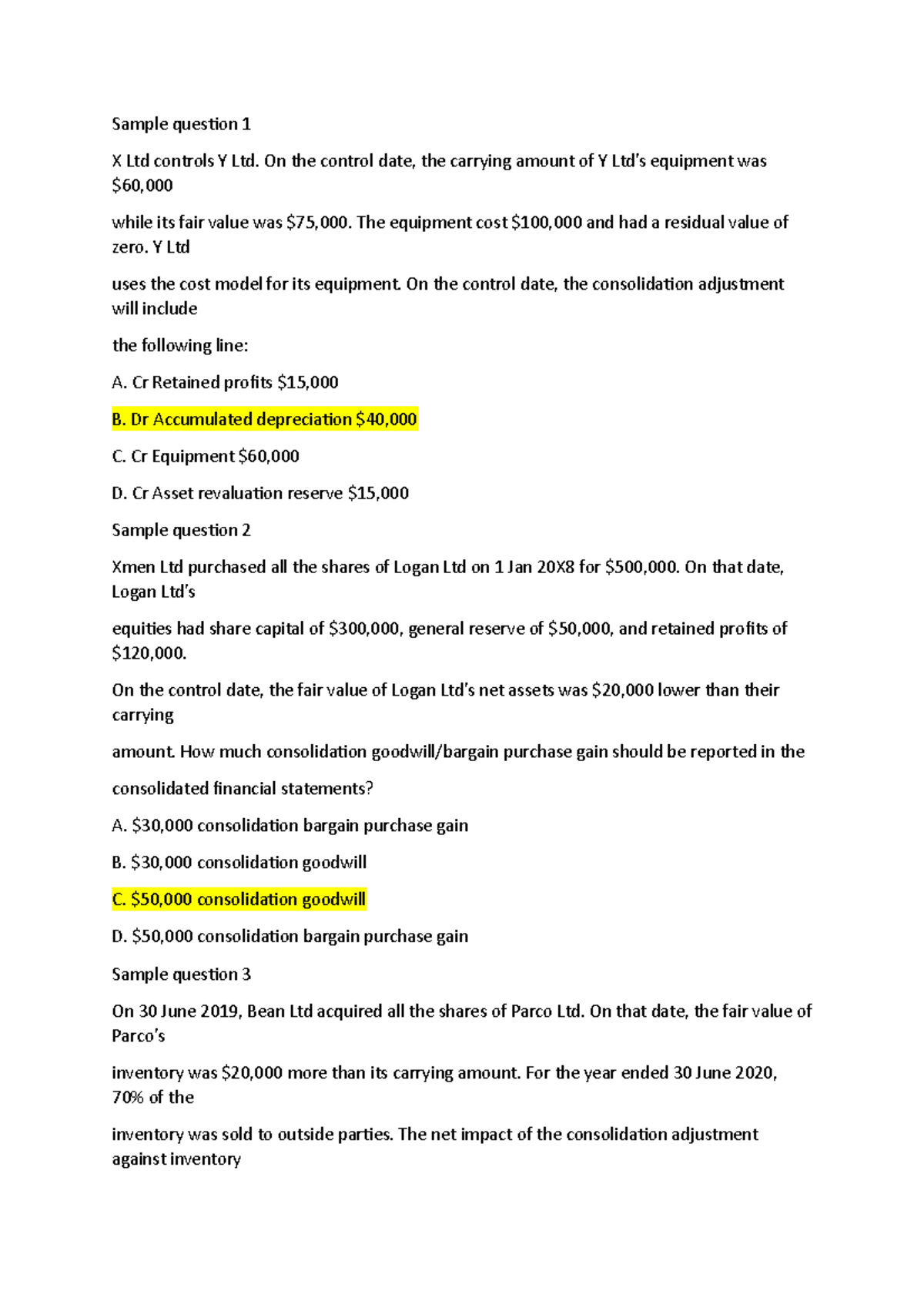 Sample questions and solutions accg3008 - Sample question 1 X Ltd ...