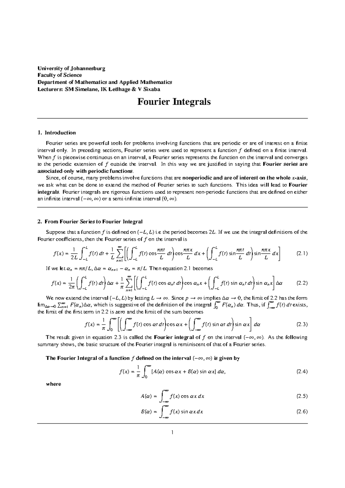 MATE2A2 Fourier Integrals - University of Johannesburg Faculty of Science Department of ...