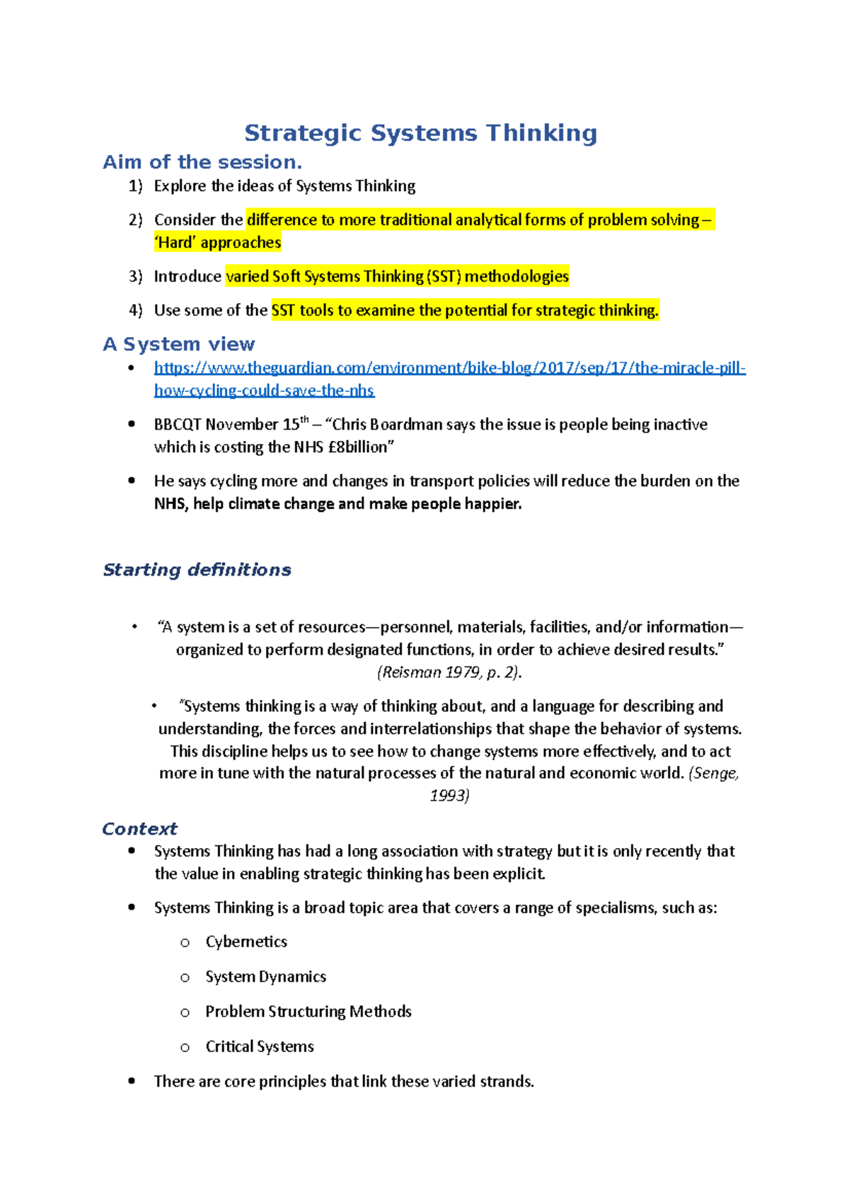 Session 2 - Notes - Strategic Systems Thinking Aim of the session ...