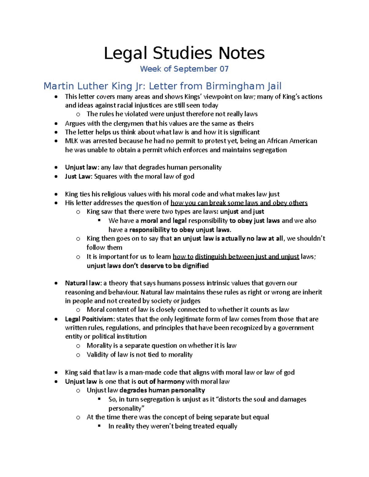 Legal Studies Notes - Legal Studies Notes Week of September 07 Martin ...