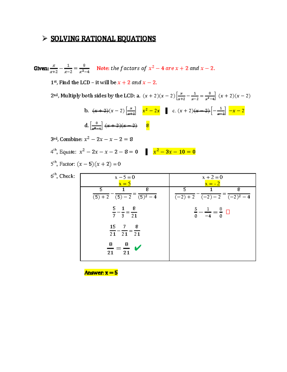 Reviewer Genmath - SOLVING RATIONAL EQUATIONS Given: Note: 1 st, Find ...
