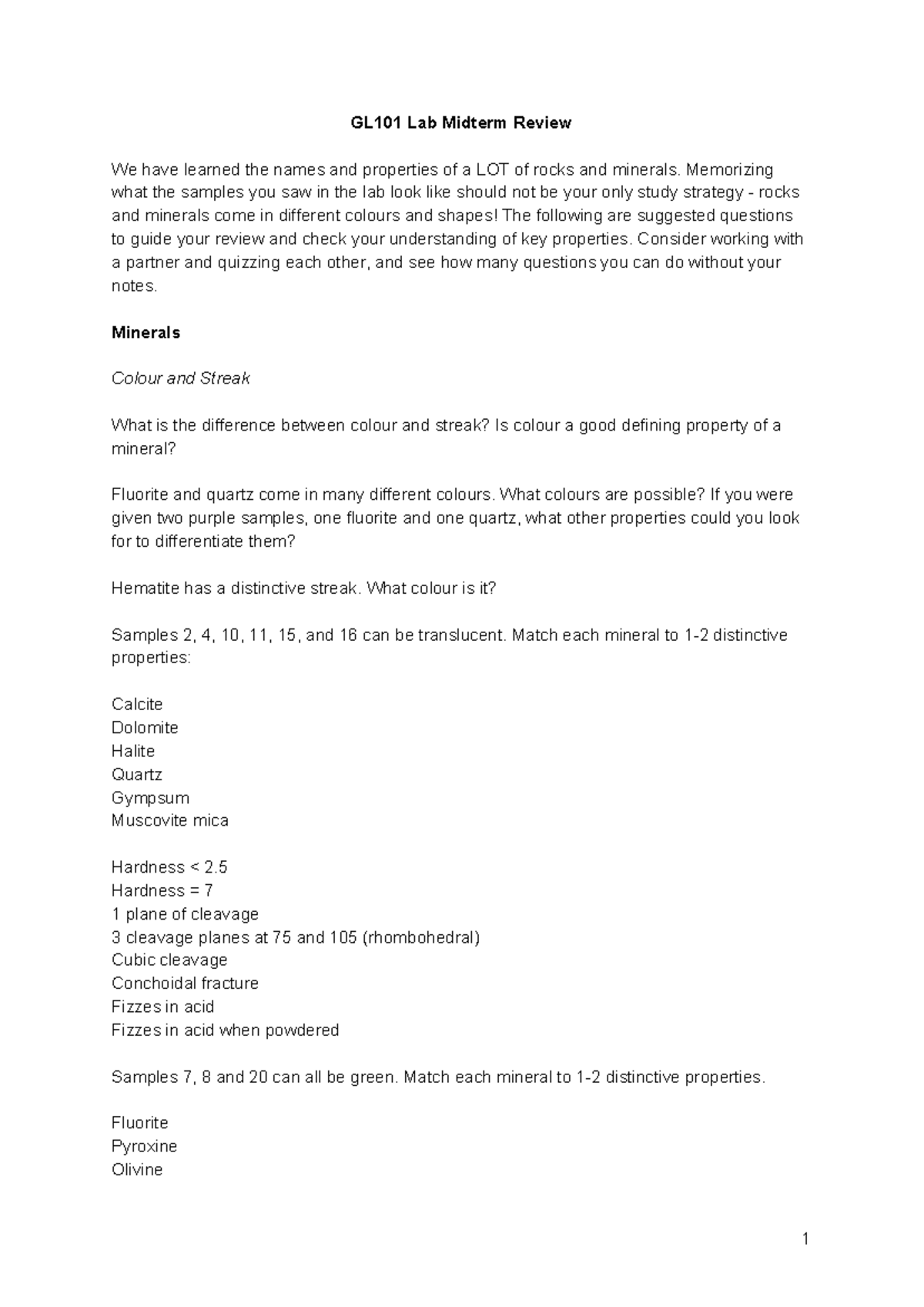 GL101 Lab Midterm Review - Memorizing what the samples you saw in the ...