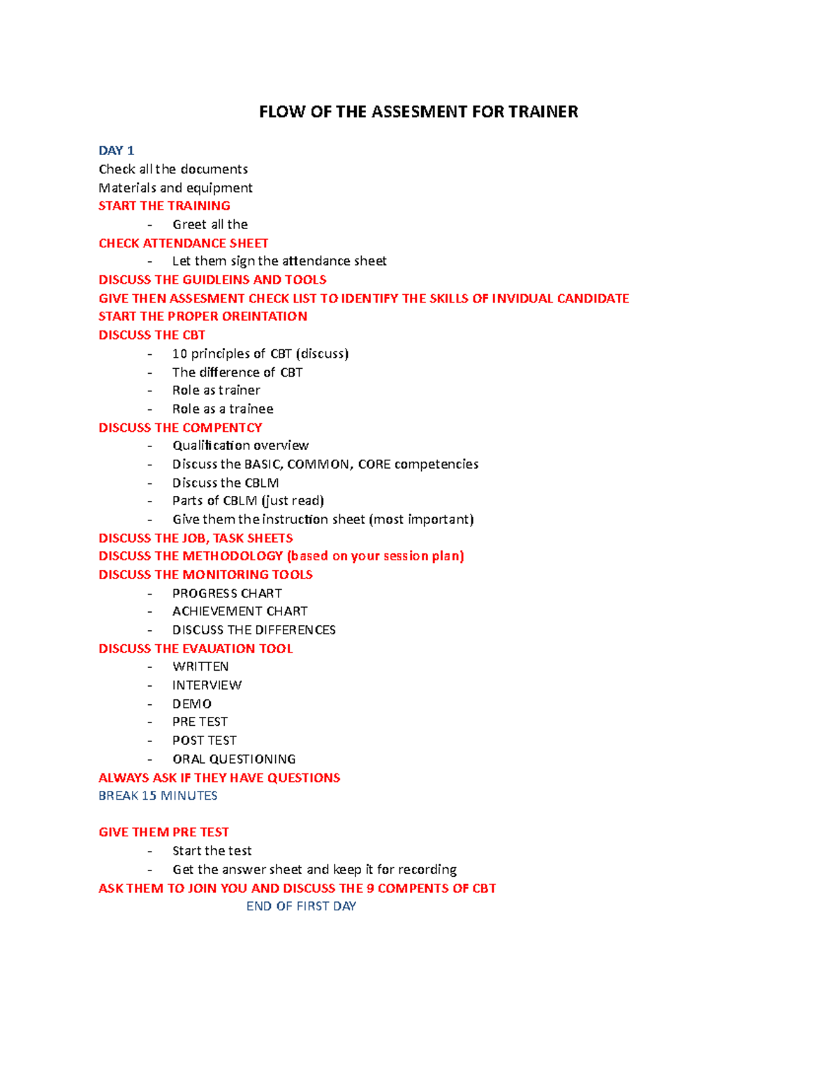 FLOW OF Assessment FOR Trainer - FLOW OF THE ASSESMENT FOR TRAINER DAY ...