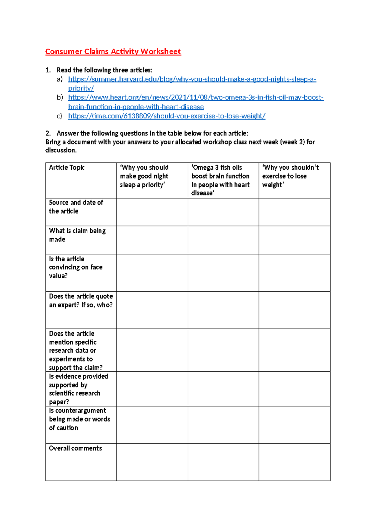 Consumer claims activity worksheet - Consumer Claims Activity Worksheet ...