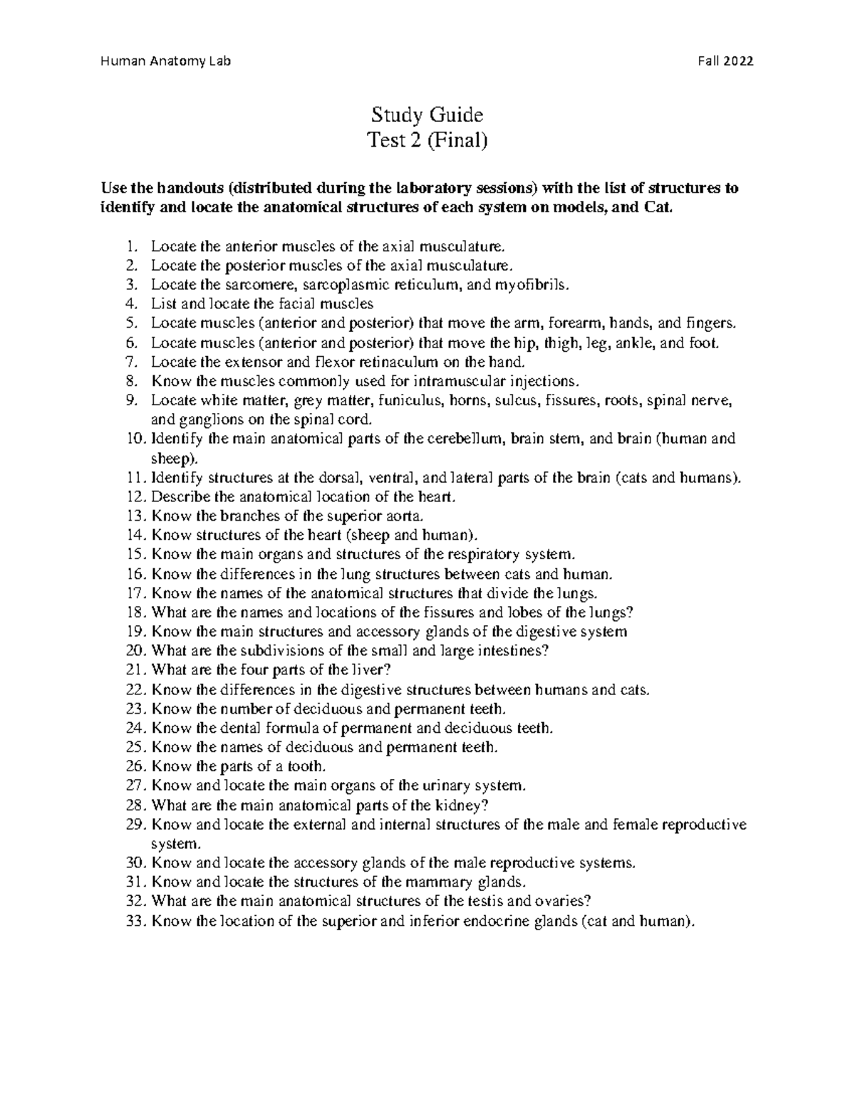 anatomy study guide - Human Anatomy Lab Fall 2022 Study Guide Test 2 ...
