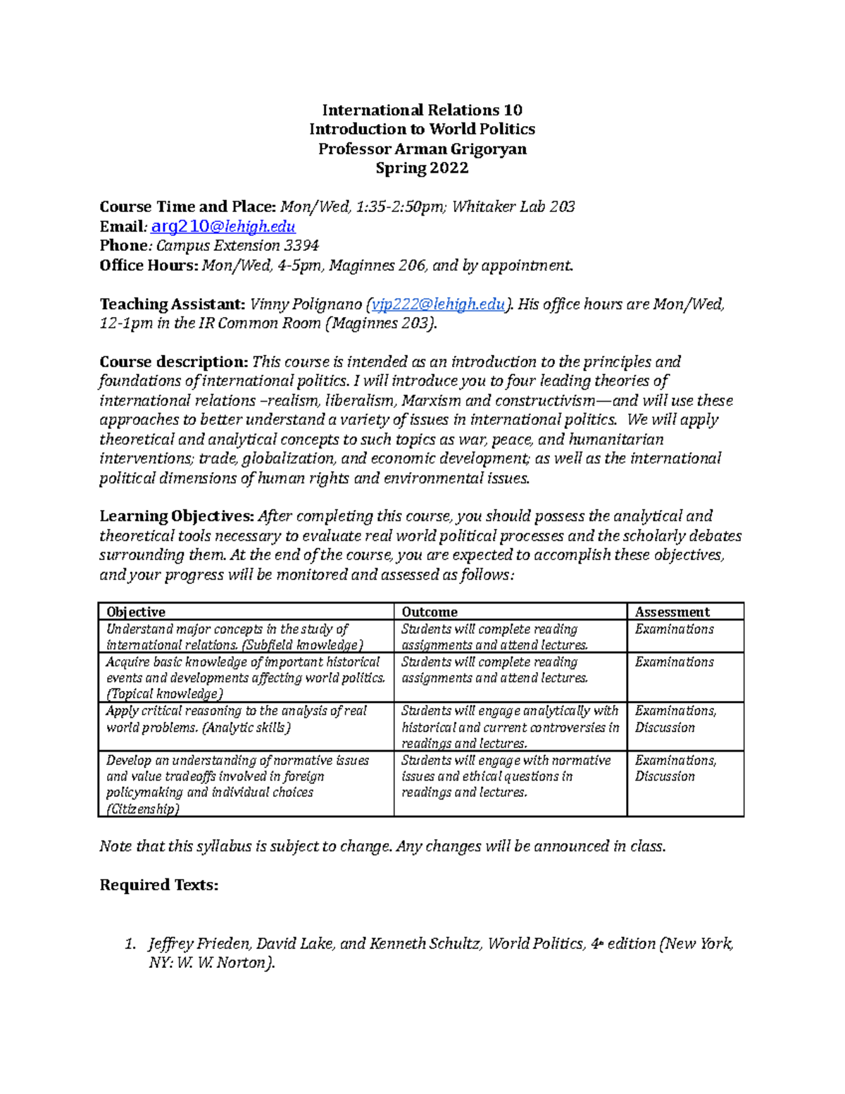 IR 10 Syllabus 2022 Spring Semester - International Relations 10 ...
