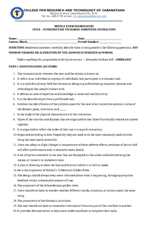IT101 - Preliminary Examination - COLLEGE FOR RESEARCH AND TECHNOLOGY OF CABANATUAN Burgos ...