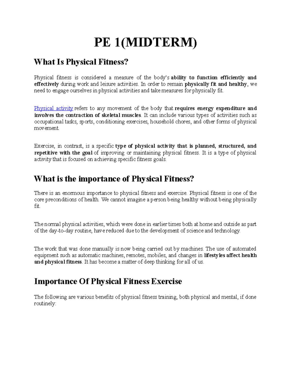 PE 1 Midterm Topics - PE 1(MIDTERM) What Is Physical Fitness? Physical ...