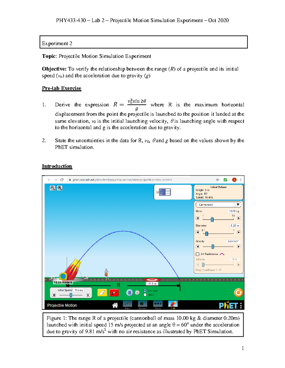 Expt 2 PHY433 430 Projectile Motion Simulation Oct 2020 - PHY433-430 ...