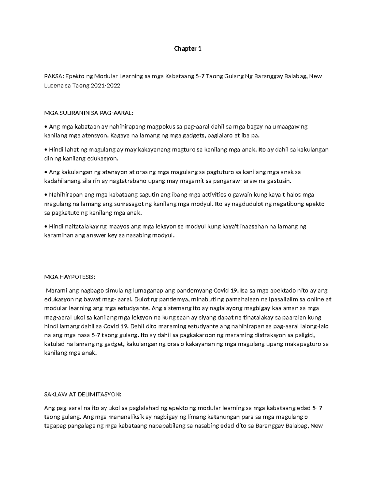 Document - Okhwhwhaya - Chapter 1 PAKSA: Epekto ng Modular Learning sa ...