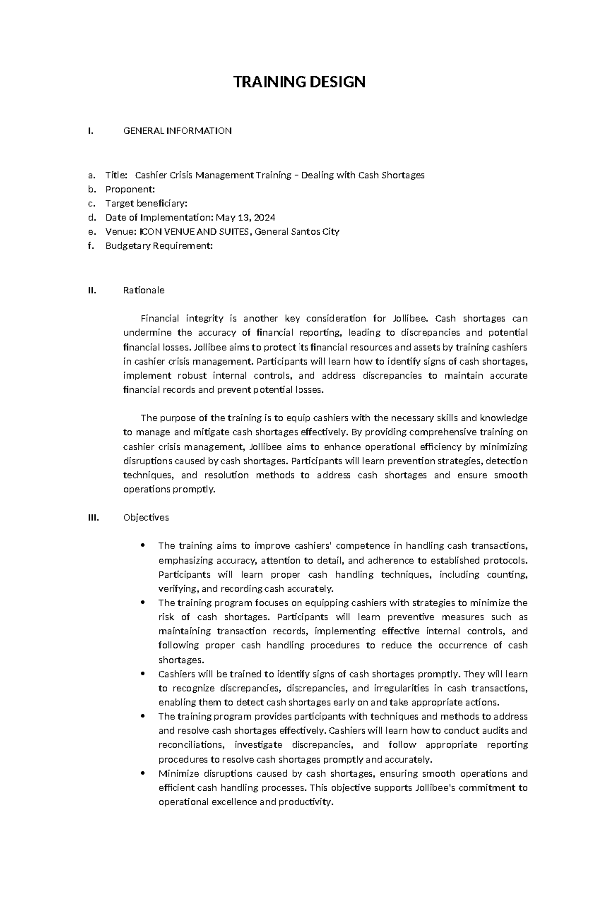 Training Design - TRAINING DESIGN I. GENERAL INFORMATION a. Title ...