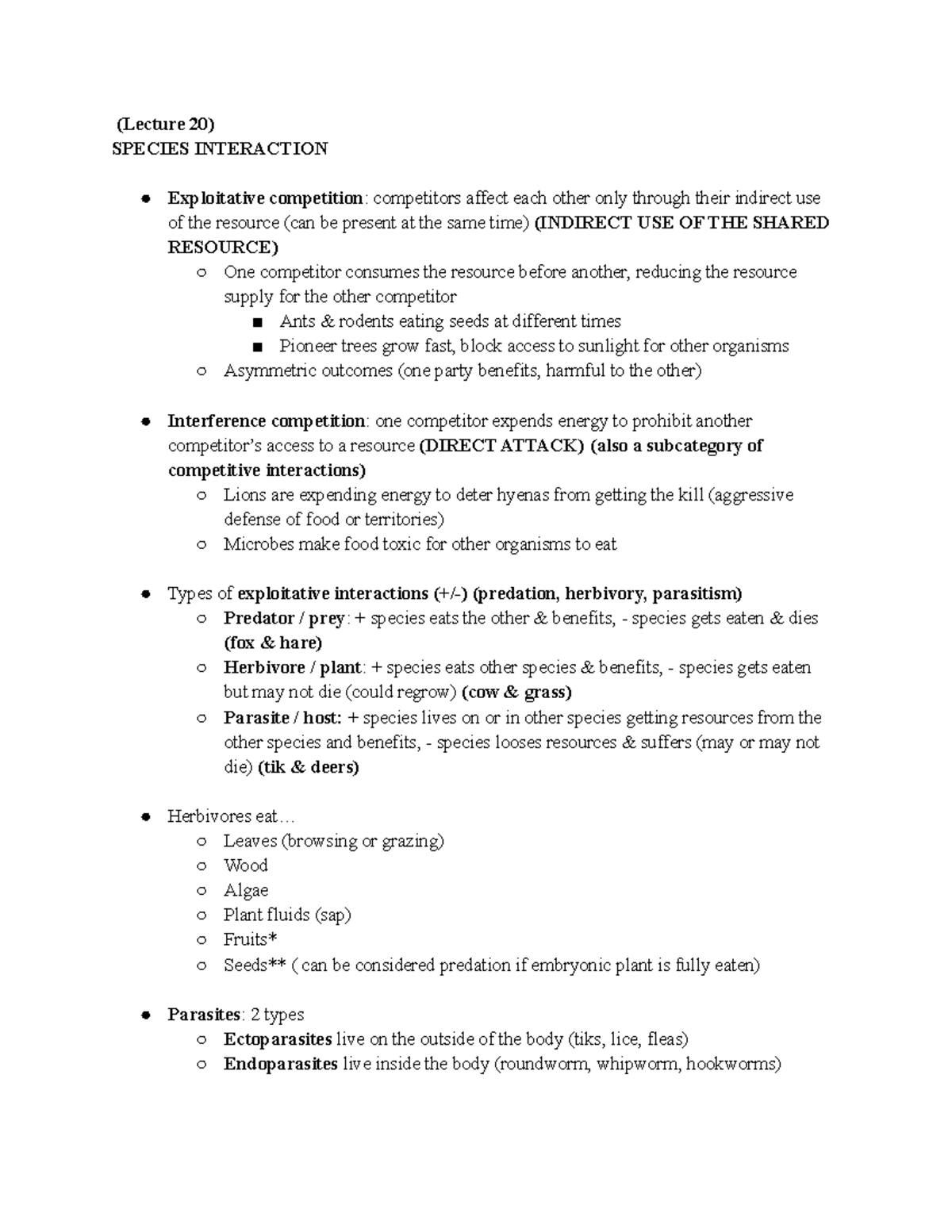 BIO 1B Lecture 20 - (Lecture 20) SPECIES INTERACTION Exploitative ...