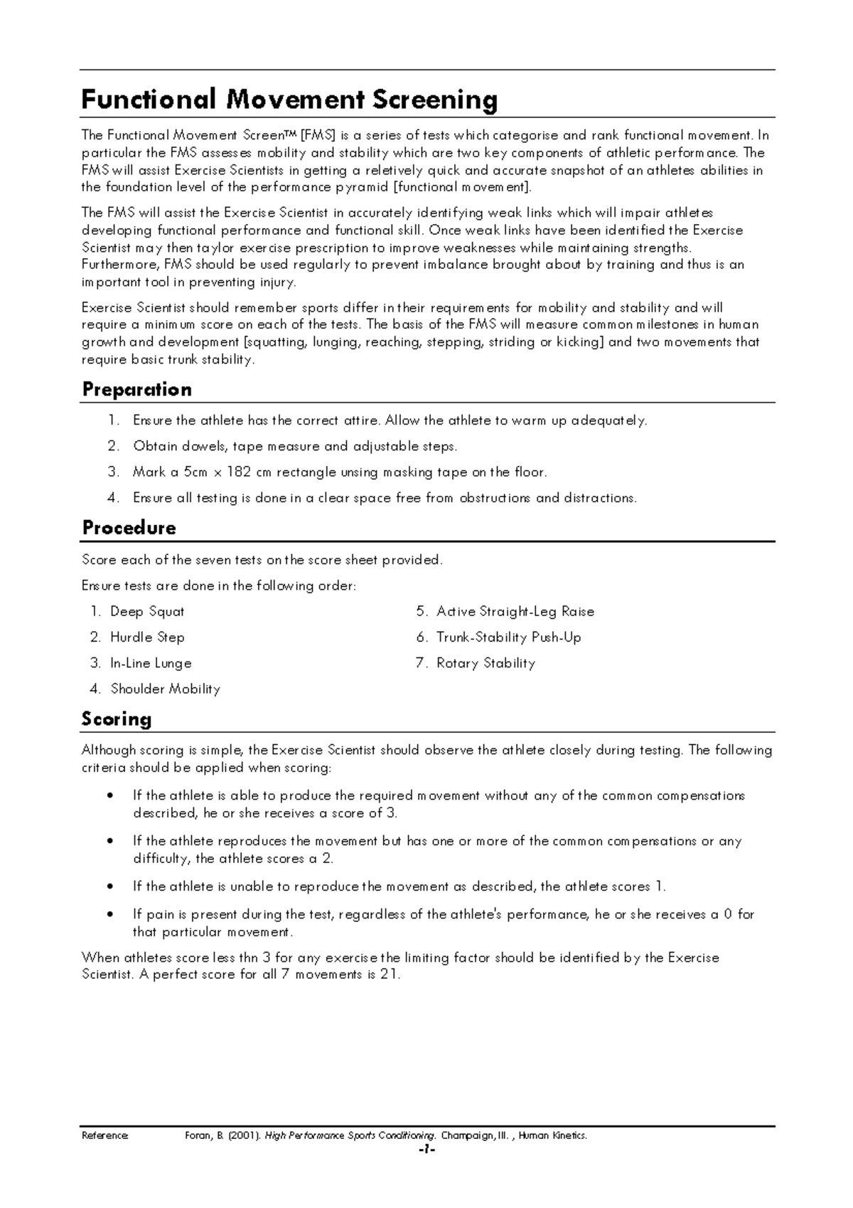 Functional Movement Screening Lab Book-1 - Reference: Foran, B. (2001 ...
