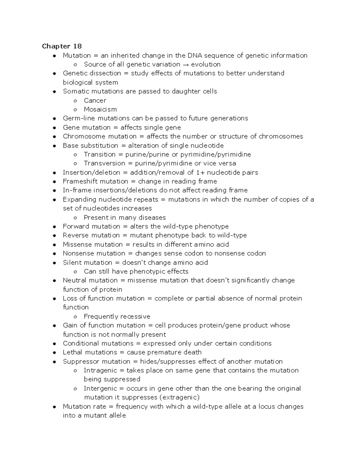 Genetics 18 - Textbook notes chapter 18 - Chapter 18 Mutation = an ...