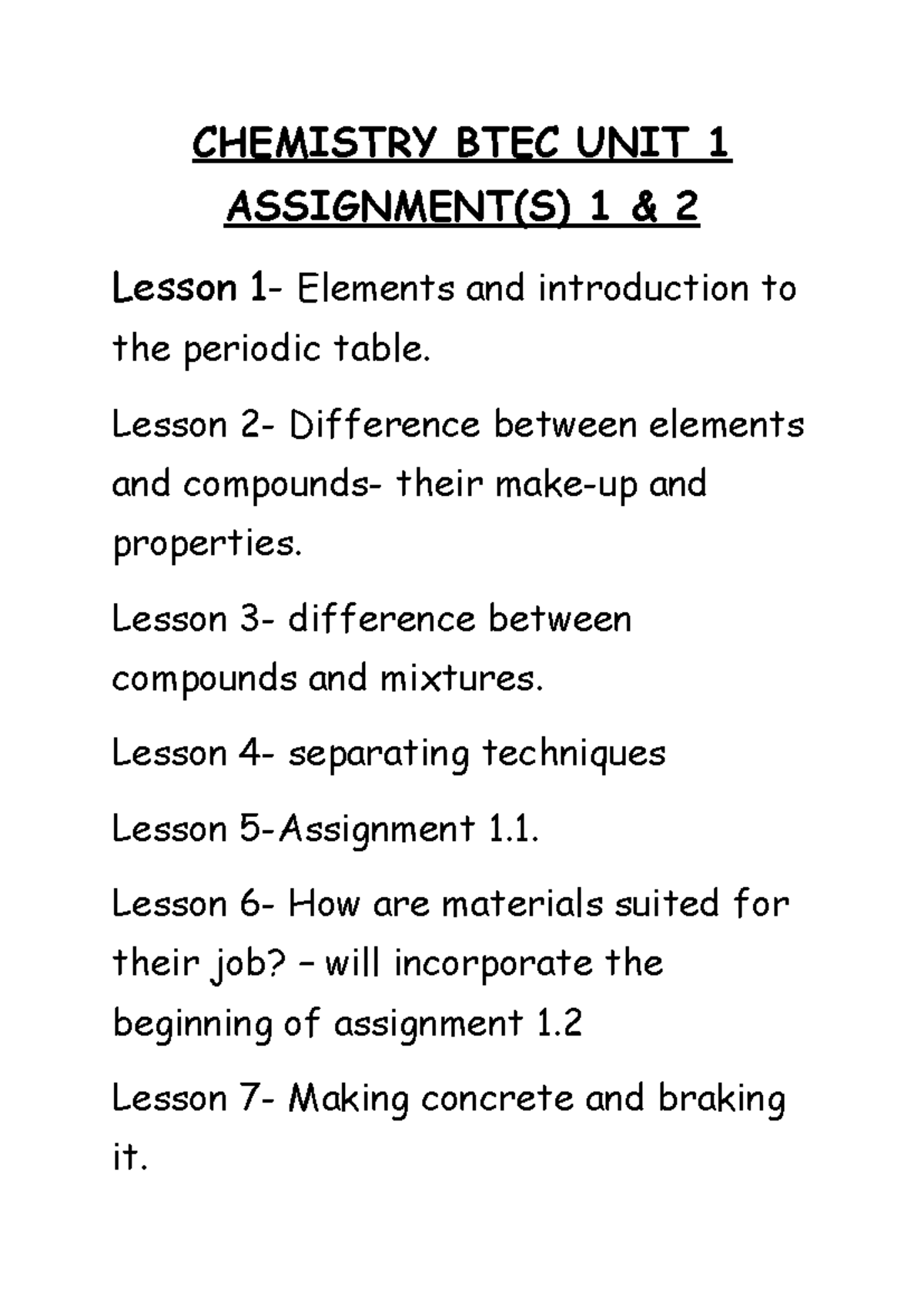 Chemistry BTEC UNIT 1 Assignment 1&2 scheme of work NEW Version ...
