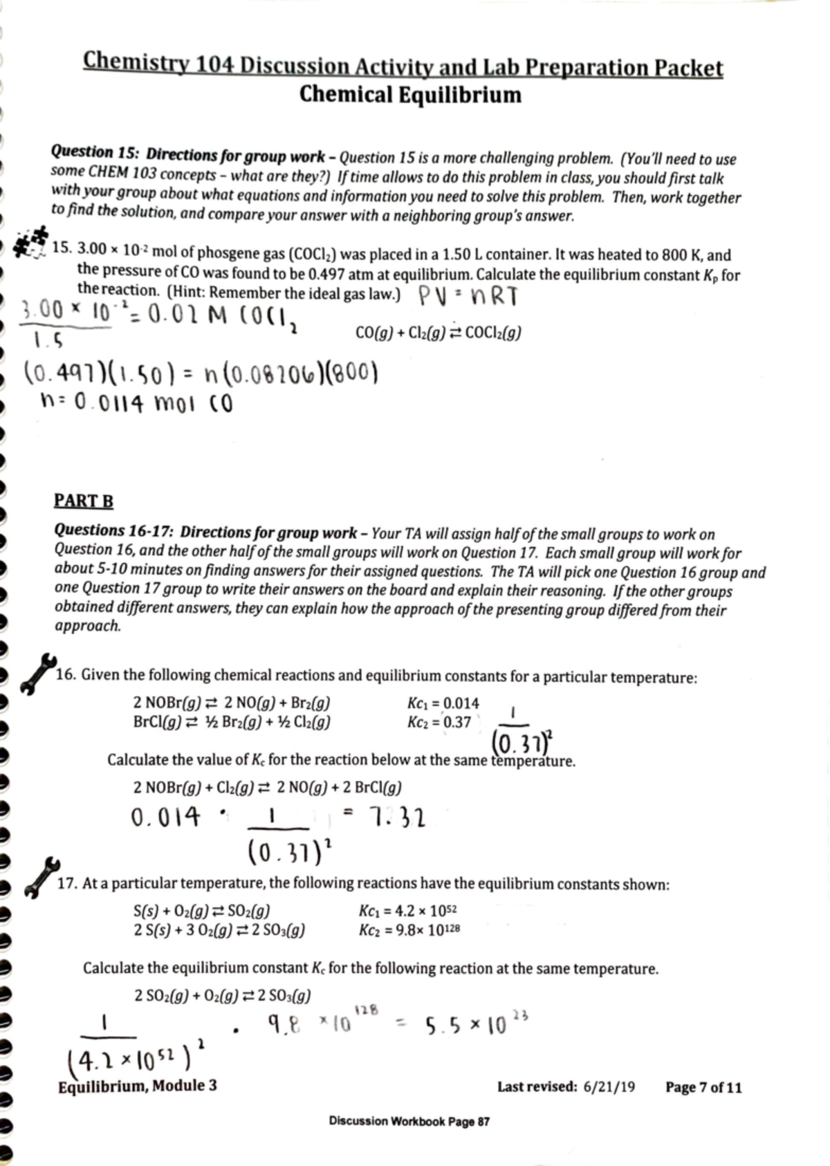 Module 3: Chemical Equilibrium - Chemis try 104 Di scussion Activity ...