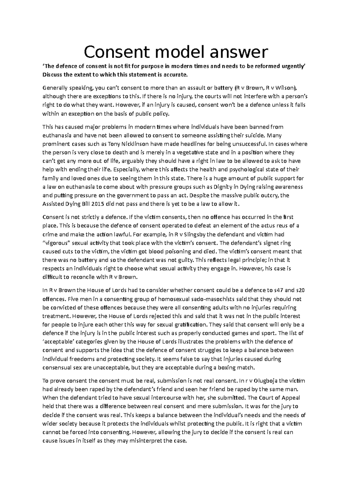 Consent - Evaluation essay - Consent model answer ‘The defence of ...